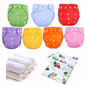 Baby Cloth Diapers Washable Reusable Diapers for Baby Girls and Boys, One Size Adjustable 7 Pack with 7 Inserts and 1 Storage Bag