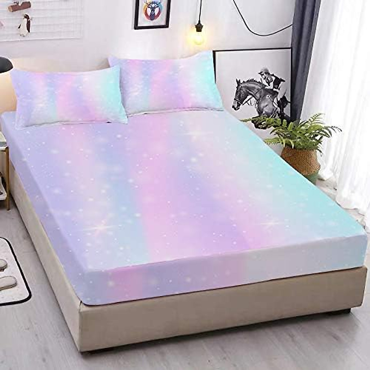 MUSOLEI Colorful Girls Fitted Sheet Set Rainbow sheets, 3D Rainbow Twin Bedding Set girl bed sheets 2PCS Boho 1 Fitted Sheet with 2 Pillowcases Wrinkle Free Cozy Microfiber Twin sheets for girls(full)