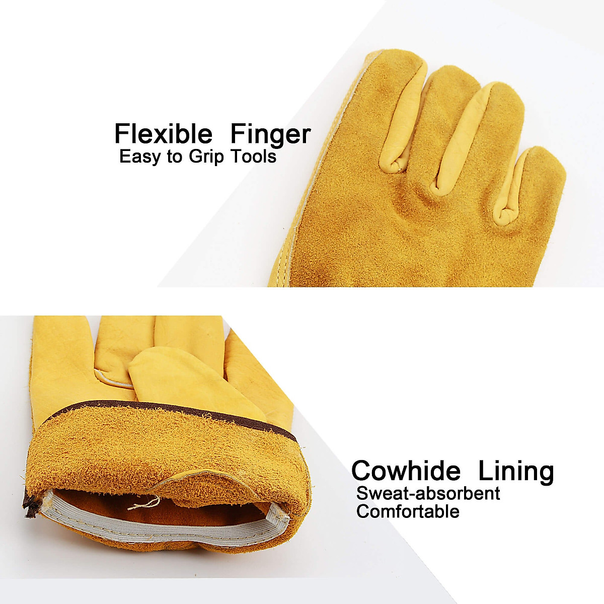 OZERO Leather Work Gloves Flex Grip Tough Cowhide Gardening Glove for Wood Cutting/Construction/Truck Driving/Garden/Yard Working for Men and Women 1 Pair (Gold,Small)