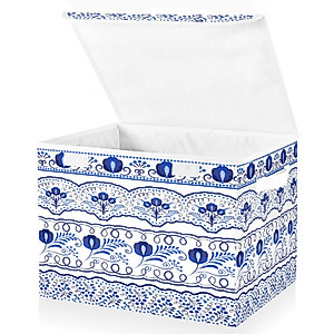 WELLDAY Blue White Floral Ceramic Storage Baskets Foldable Cube Storage Bin with Lids and Handle, 16.5x12.6x11.8 In Storage Boxes for Toys, Shelves, Closet, Bedroom, Nursery