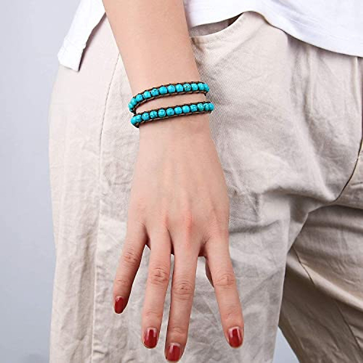 KELITCH 6mm Turquoise Beads 2 Wrap Bracelets Natural Crystal Stone Beaded Bracelet Women Agate Leather Bracelets Bangles