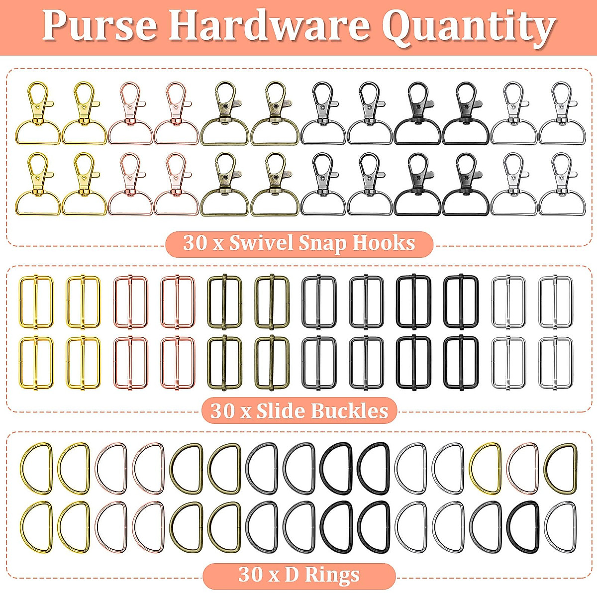 Paxcoo Keychain Bulk with Key Chain Swivel Hook D Rings and Slide Buckles for Handbag Purse Hardware Craft (1 Inch)