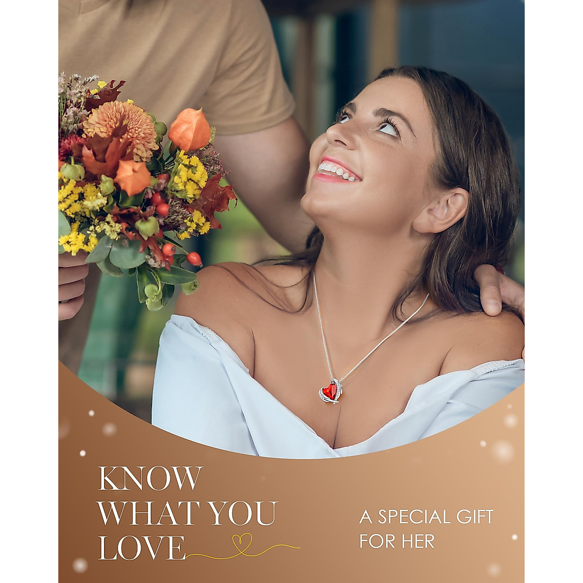 CDE Love Heart Pendant Necklaces for Women Silver Tone Rose Gold Tone Birthstone Christmas Jewelry Gifts for Women Birthday/Anniversary Day/Valentine's Day (Crystals, White Gold Plated-01 & 07-January & July Ruby Red Siam Garnet)