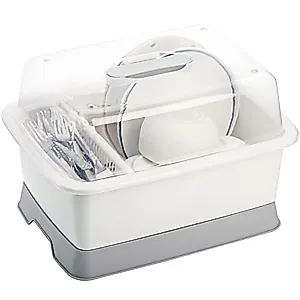 Lyellfe Plastic Dish Drying Rack, Dish Dryer Holder with Cover Lid and Removable Drainboard, White Utensil and Cup Holder for Kitchen Counter, Dish Dryer Shelf, Medium Size