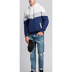 Wielsscca Mens Hoodies Pullover Color Block Fleece Sweatshirt Tops with Pocket White L