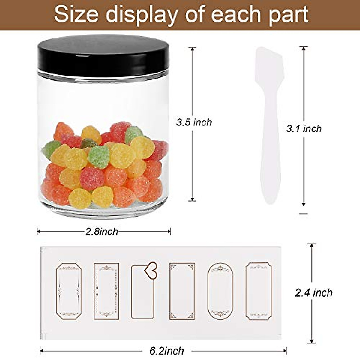 12 Pack 8 oz Clear Glass Jars with Lids, Round Empty Containers for Scrubs, Lotions, Cosmetic, Ointments and Butters, Travel Storage Jar, Black Lids, lables and Spatulas