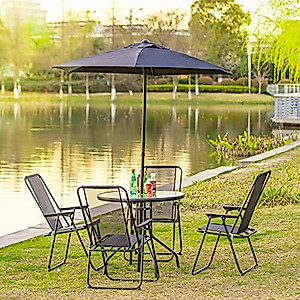 ALLINLIFE 6 PCS Outdoor Patio Furniture Set with Umbrella 4 Folding Chairs & Glass Table Garden Patio Table and Chairs Dining Set for Bistro,Deck,Black (Round Table Set)
