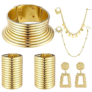 YADOCA 6Pcs African National Jewelry for Women Egypt Gold Choker Collars African Vintage Statement Choker Necklaces Wide Leather Bangle Bracelet Nose Rings Hoop Chain Earrings Sets