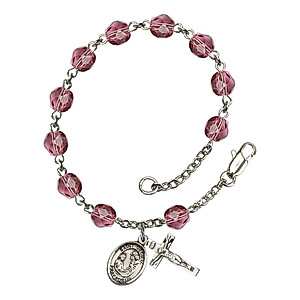 St. Cecilia Silver Plate Rosary Bracelet 6mm February Purple Fire Polished Beads Crucifix Size 5/8 x 1/4 medal charm