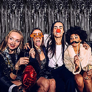 CapriValley 4 Packs 3.2ft x 6.6ft Black Fringe Curtain Foil Curtain Foil Backdrops Party Backdrops Decorations Tinsel Metallic Curtains