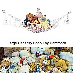 TRASUN Stuffed Animal Hammock Toy Net Plush Toy Hanging Organizer with Macrame Tassels Stuffed Animal Holder Display Corner Boho Large Storage Mesh Net for Playroom Bedroom (40" x 40" x 60", White)