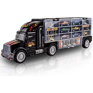 Wolvolk Transport Car Carrier Truck Toy - Car Transporter Carrier Truck Car Set- Toy Car Storage Organizer - Car Carriers Toy Trucks for Boys Age 4-7 with 6 Matchbox Cars, Construction Signs and Cones