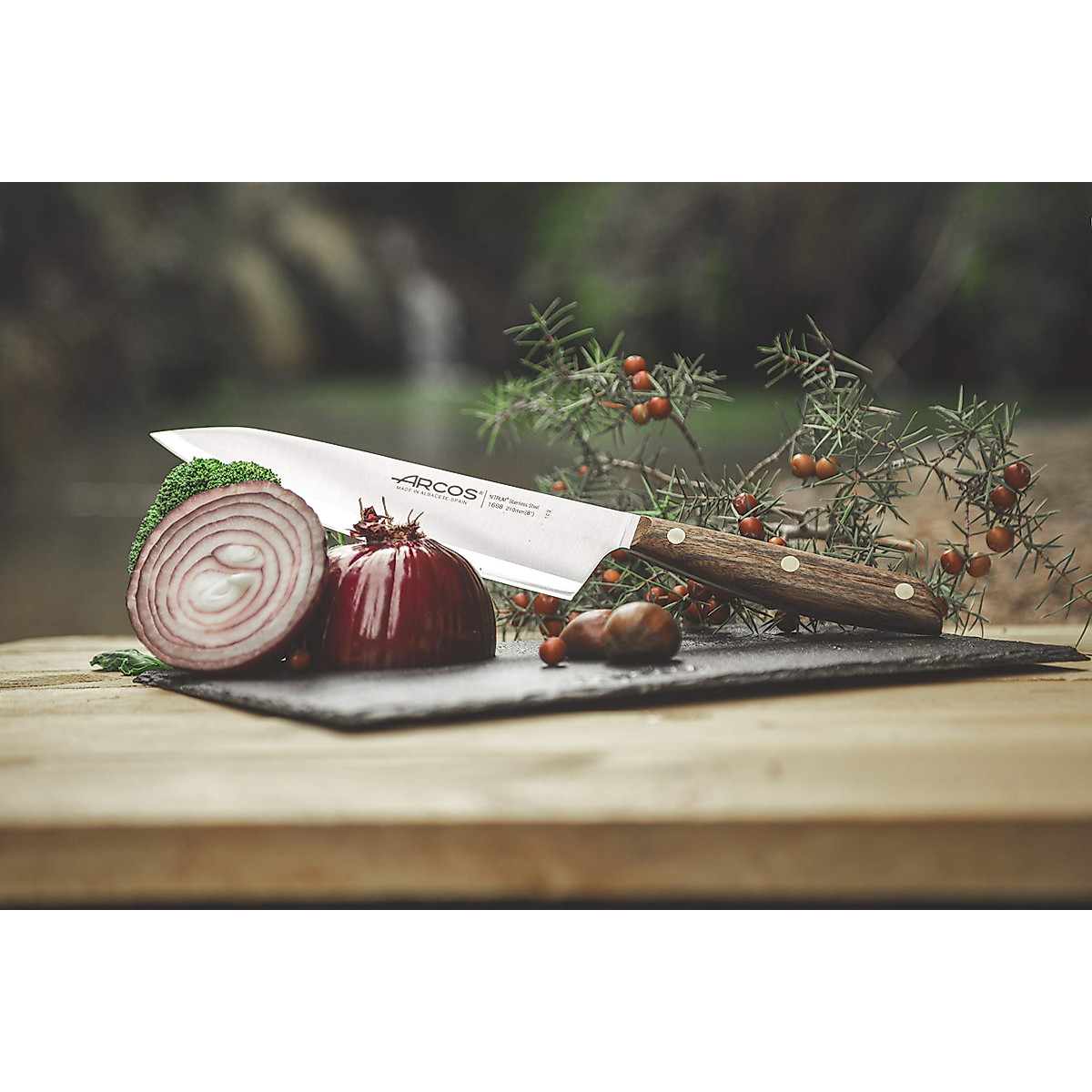 ARCOS Chef Knife 8 Inch Stainless Steel. Professional Kitchen Knife for Cooking. Ovengkol Wood Handle 100% natural FSC and 210 mm Blade. Series Nordika. Color Brown.