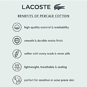 Lacoste 100% Cotton Percale Sheet Set, Solid, White, Queen