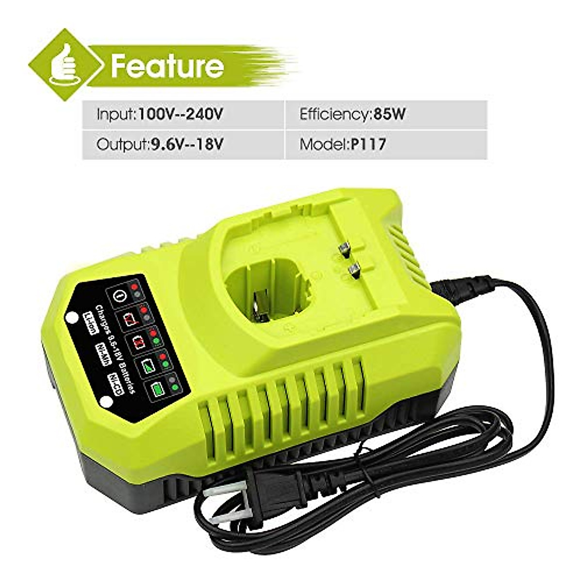 P117 Charger Replacement for Ryobi 18V Battery Charger 12V 14.4V 18V Li-ion & Ni-cad Ni-Mh Battery Charger for One+ Plus Battery P100 P102 P103 P104 P105 P107 P108 P109 P119 P122