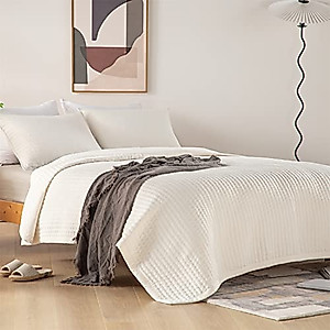 DAWNDIOR King Quilt Bedding Sets & Collections Modern Farmhouse Boho Luxury Neutral Stitch Bedspread Coverlet Soft Lightweight Cream Reversible Comforter for Summer (1 Quilt,2 Pillow Shams)
