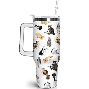 30 oz Cat Tumbler with Handle and Straw, Stainless Steel Vacuum Insulated Travel Coffee Mug Cup Water Bottle, Cat Stuff Accessories Decor, Cat Lover Gifts for Women Girls