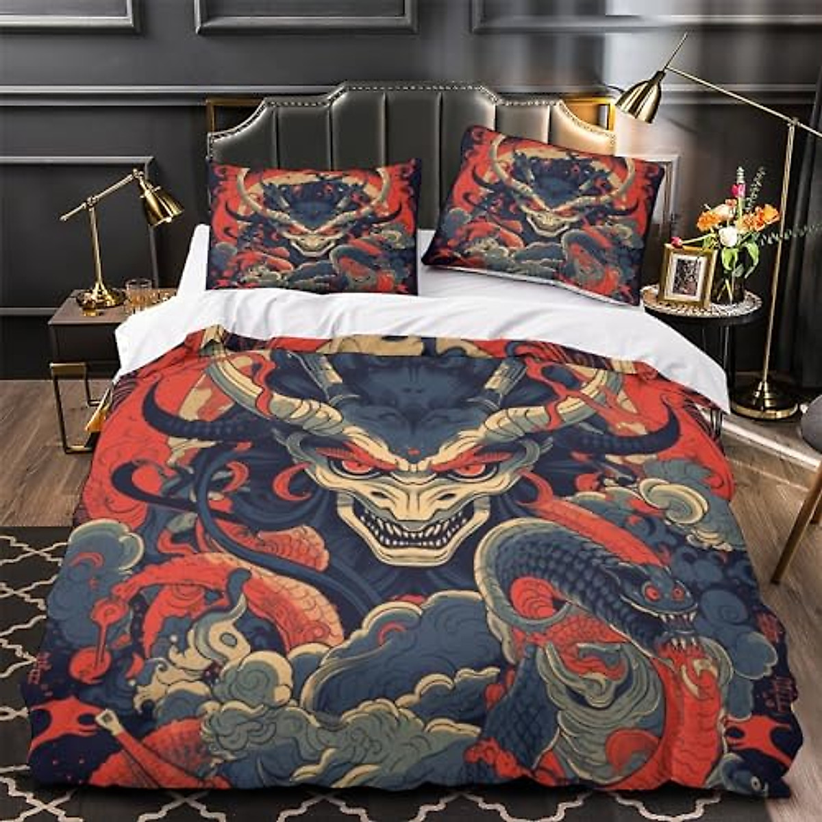 LENTLY Japanese Demon 3D Print Bedding Set for Childrens and Adults Duvet Cover Soft Microfiber Demon Illustration Comforter Cover with Pillowcase 3 Pcs Quilt Cover Twin（173x218cm）