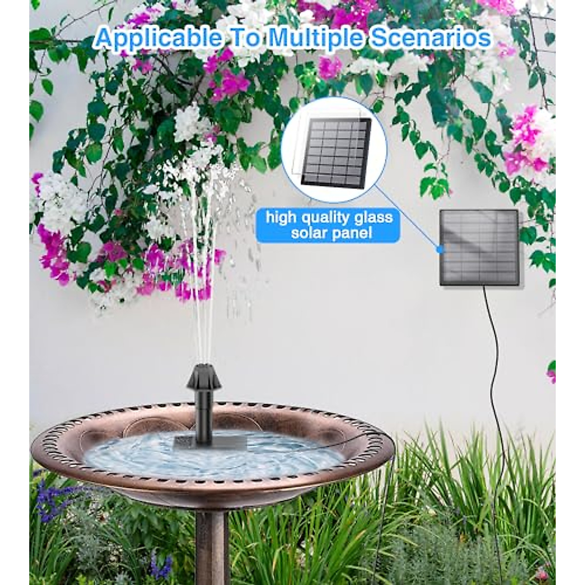 SZMP Solar Fountain 2024 Upgraded DIY Bird Bath Fountains, 1.8W Glass Panel Solar Fountain Pump with 8 Nozzles & 9.84ft Power Cord, Solar Bird Bath Fountain for Grass, Stakes, Garden, Pond (Black)