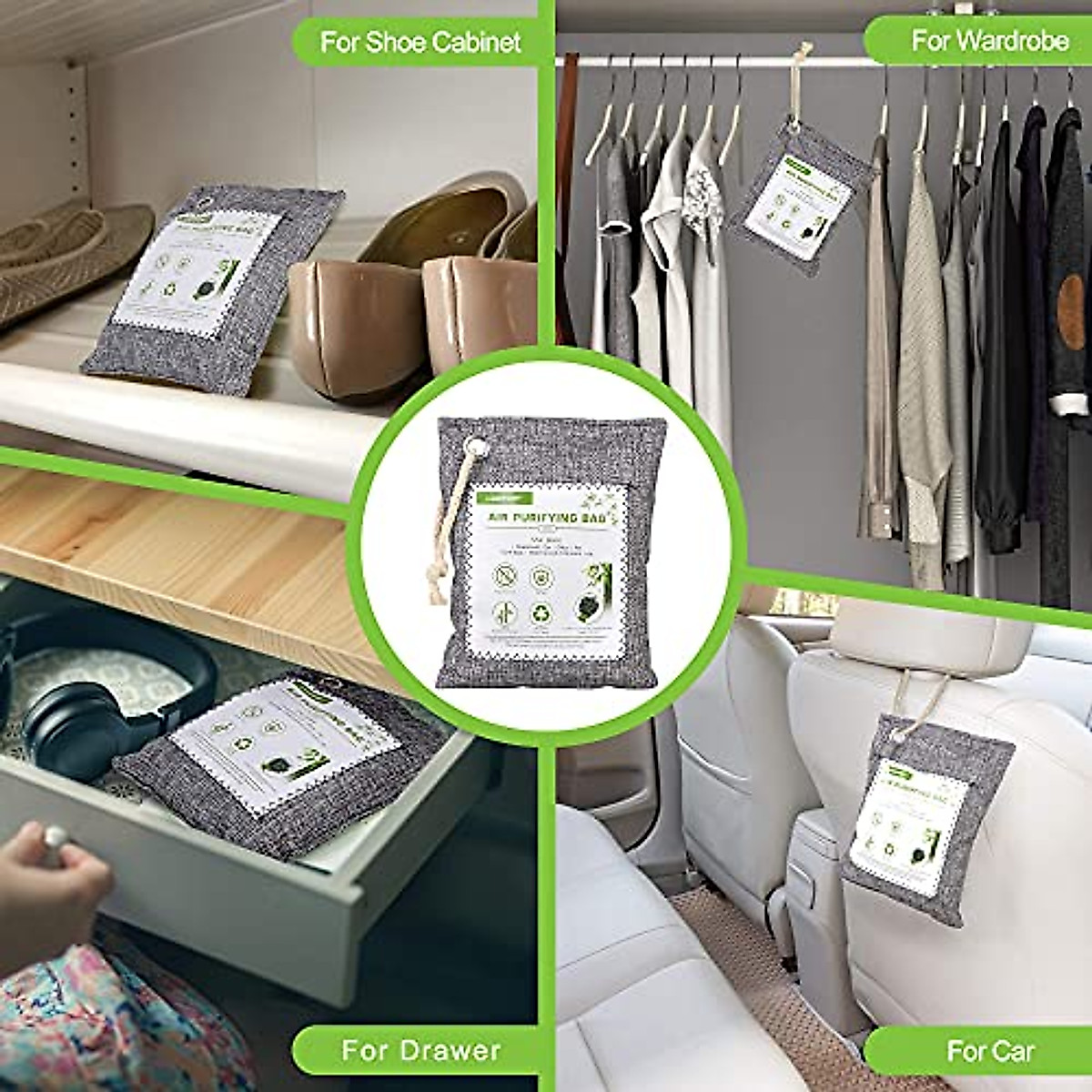 10 Pack Bamboo Charcoal Air Purifying Bags, Activated Charcoal Air Freshener, Nature Fresh Air Purifier Bags, Smell Absorbers for Home, Pet, Closet, Car, Mildew (6x200g, 4x50g) (10)