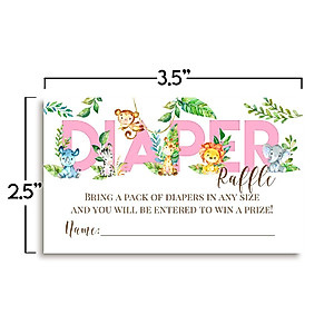 Watercolor Jungle Animals Diaper Raffle Tickets for Girl Baby Showers, 20 2" X 3” Double Sided Insert Cards for Games by AmandaCreation, Bring a Pack of Diapers to Win Favors & Prizes!