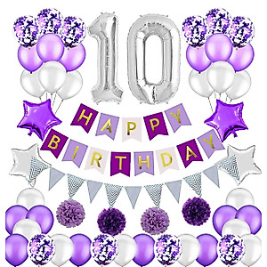 Colorpartyland Purple and Silver Birthday Decorations Set-Purple Happy Birthday Banner Latex and Confetti Balloons Paper Garland Huge Number 10 Balloons for Girls 10th Birthday Party