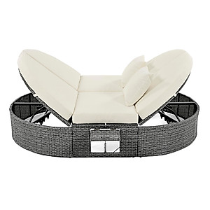 Bellemave Outdoor Sun Bed Patio 2-Person Daybed with Cushions and Pillows, Rattan Garden Reclining Chaise Lounge with Adjustable Backrests and Foldable Cup Trays for Lawn,Poolside（Beige）