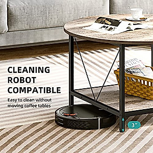 YITAHOME Round Coffee Table,Wood Coffee Table for Living Room,2-Tier Rustic Farmhouse Circle Coffee Table with Sturdy Metal Legs Storage Shelf,Grey Wash