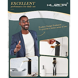 KUZOR 1PC Vessel Sink Faucet Brass Stainless Steel, Tall Bathroom Faucet 1 Hole 5-Minutes Installation - for Bathroom/Vanity/Bowl Sink - 11.26 Inch Height, 24.9 Oz Weight - Matte Black/Shiny Gold