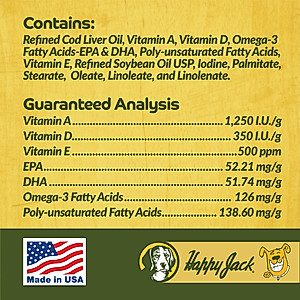 Happy Jack Cod Liver Fish Oil for Dogs Skin and Coat Supplement, Brain, Eyes, Bones, Hip, Joint, Heart & Immune System Health, Energy Booster (16 oz), Omega 3 with EPA & DHA, Vitamin A & D