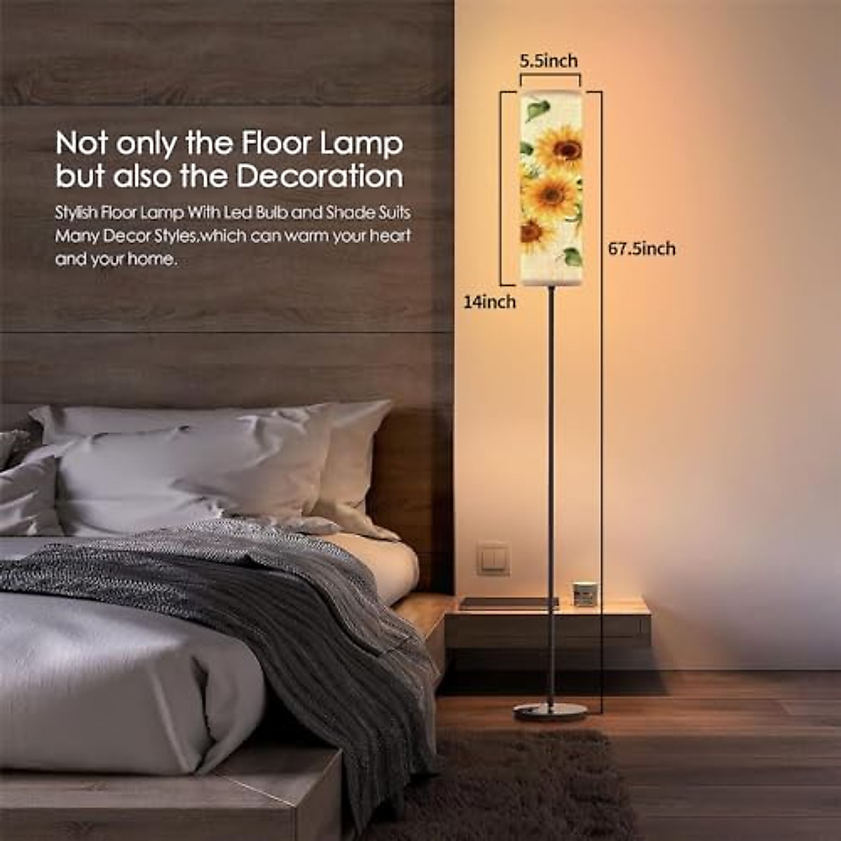 RZNTJHUINA Modern Standing Lamps Sunflower Yellow Summer Minimalist Floor Lamp Rustic Country Metal Pole Lamp with Linen Lampshade for Bedroom Living Room Office Nursery Reading Foot Switch