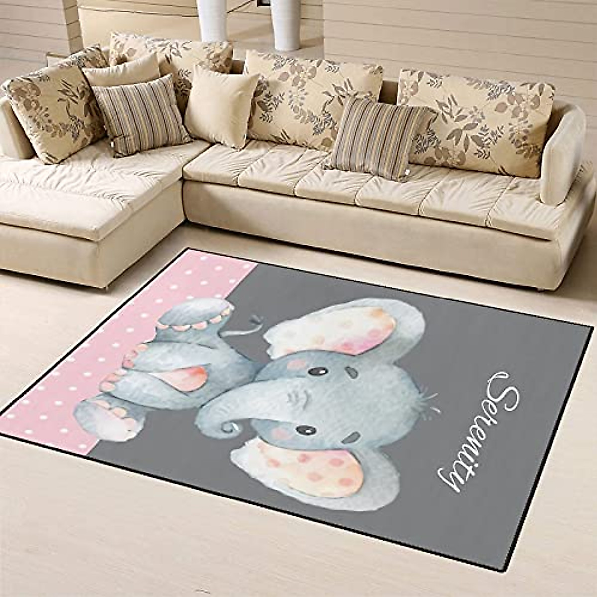 XOZOTY Custom Name Watercolor Elephant Pink Polka Dot Area Rugs Kitchen Bath Mat Washable Doormats for Patio Garden Porch 4'x5.2'