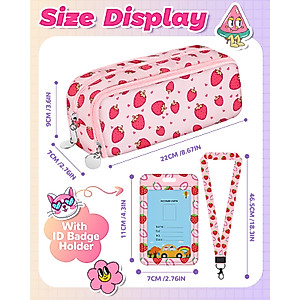 Bistup Pencil Case Pouch Pen Bag for School Cute Kawaii Girls Girly Cartoon Strawberry Teen Girls Zipper Pencil Pouches Large Stationary Bags 3 compartments with Lanyard+ID Badge Holder+Pen+Sticker