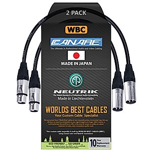 WORLDS BEST CABLES 2 Units - 1 Foot – Quad Balanced Microphone Cable Custom Made Using Canare L-4E6S Wire and Neutrik Silver NC3MXX Male & NC3FXX Female XLR Plugs