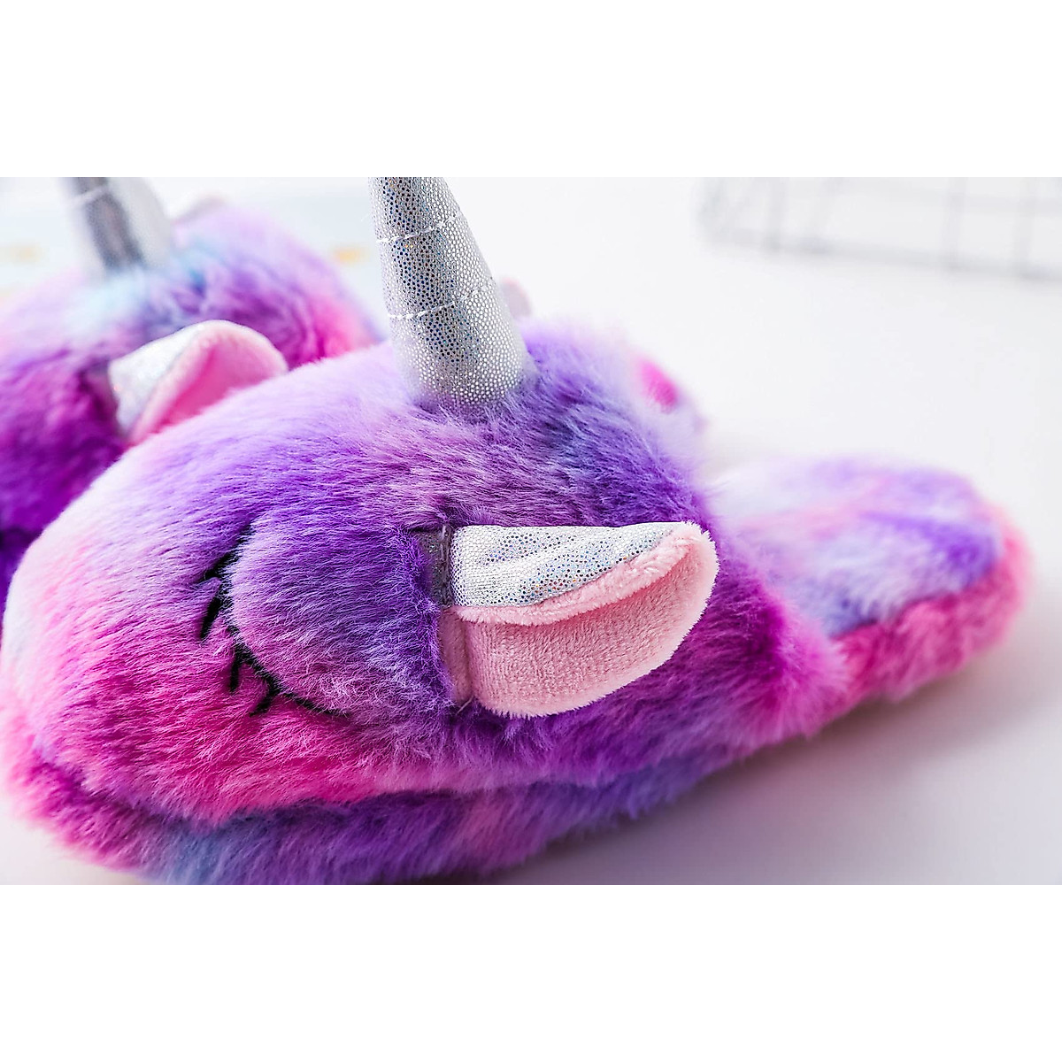 ZOBAYOP Kids Unicorn Slippers with Rubber Soles for Boys Girls Home Plush Shoes Indoor Anti Slip Cute Warm Purple X22