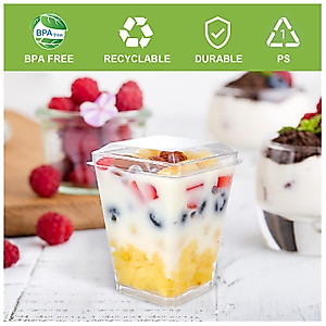 EASERCY 50Pack 5oz Plastic Dessert Cups with Lids Parfait Cups with Lids Appetizer Cups for Party Mini Dessert Cups with Spoons Clear Plastic Cups with Lids Pudding Fruit Ice Cream Cups