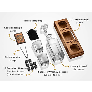 ROCKSLY Whiskey Stones Gift Set for Men | Whiskey Decanter Set With Wood Stand | Bourbon Decanter with Scotch Glasses, 8 Granite Whiskey Stones| Ideal For Whiskey Lovers | Gift Set For Dad, Boyfriend
