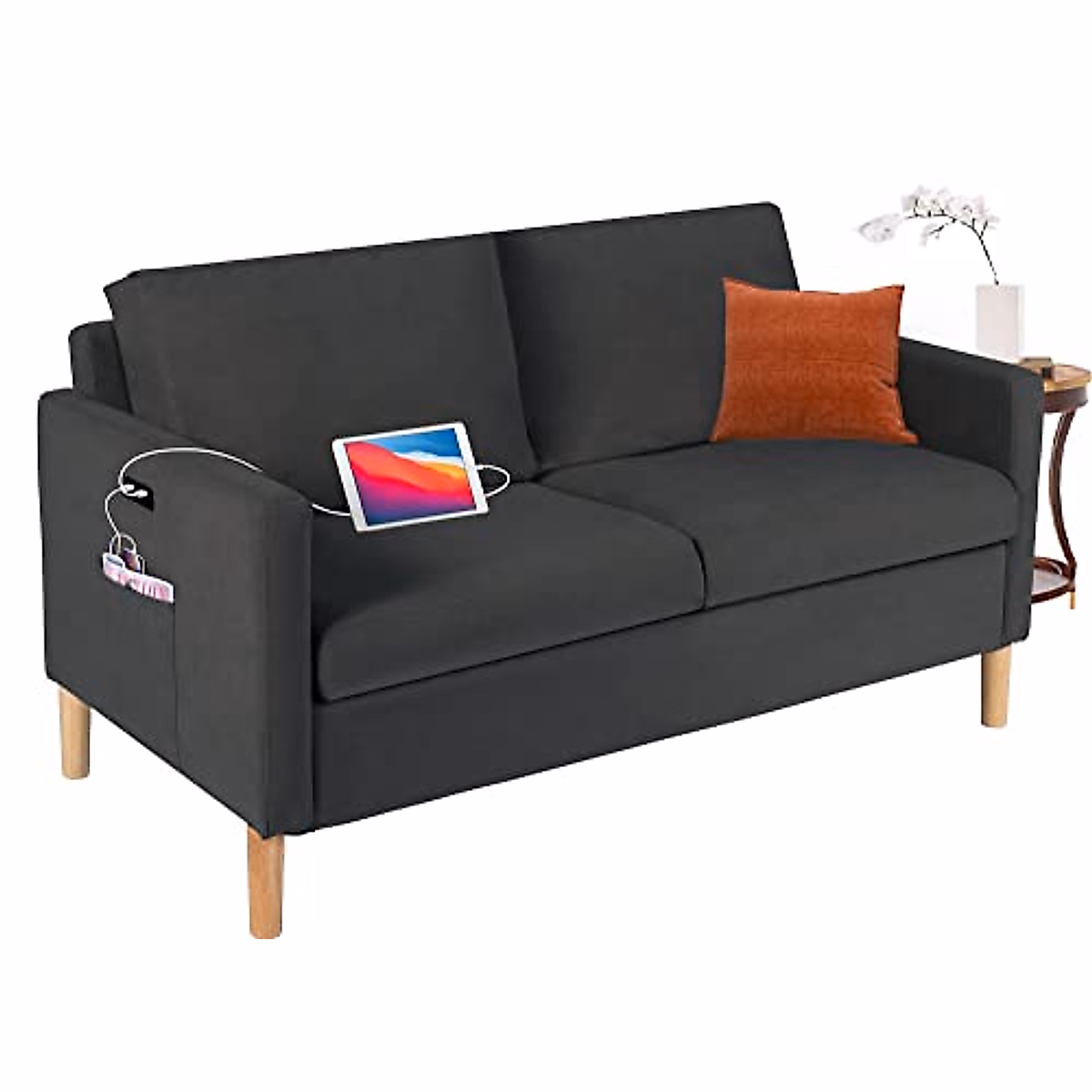 TYBOATLE 55" Modern Fabric Loveseat Sofa with 2 USB Charging Ports, Furniture Suitable for Small Spaces, Living Room, Office, Soft Couch Easy to Install (Dark Grey, Loveseat)