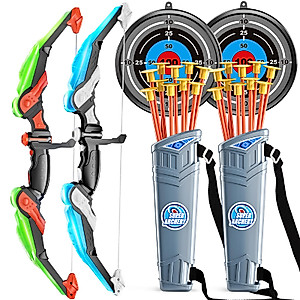 TEMI 2 Pack Set Kids Archery Bow Arrow Toy Set Outdoor Hunting Play with 2 Bow 20 Suction Cup Arrows 2 Target & 2 Quiver, LED Light Up Function Toy, Outdoor Toys for Kids, Boys & Girls Ages 3-12