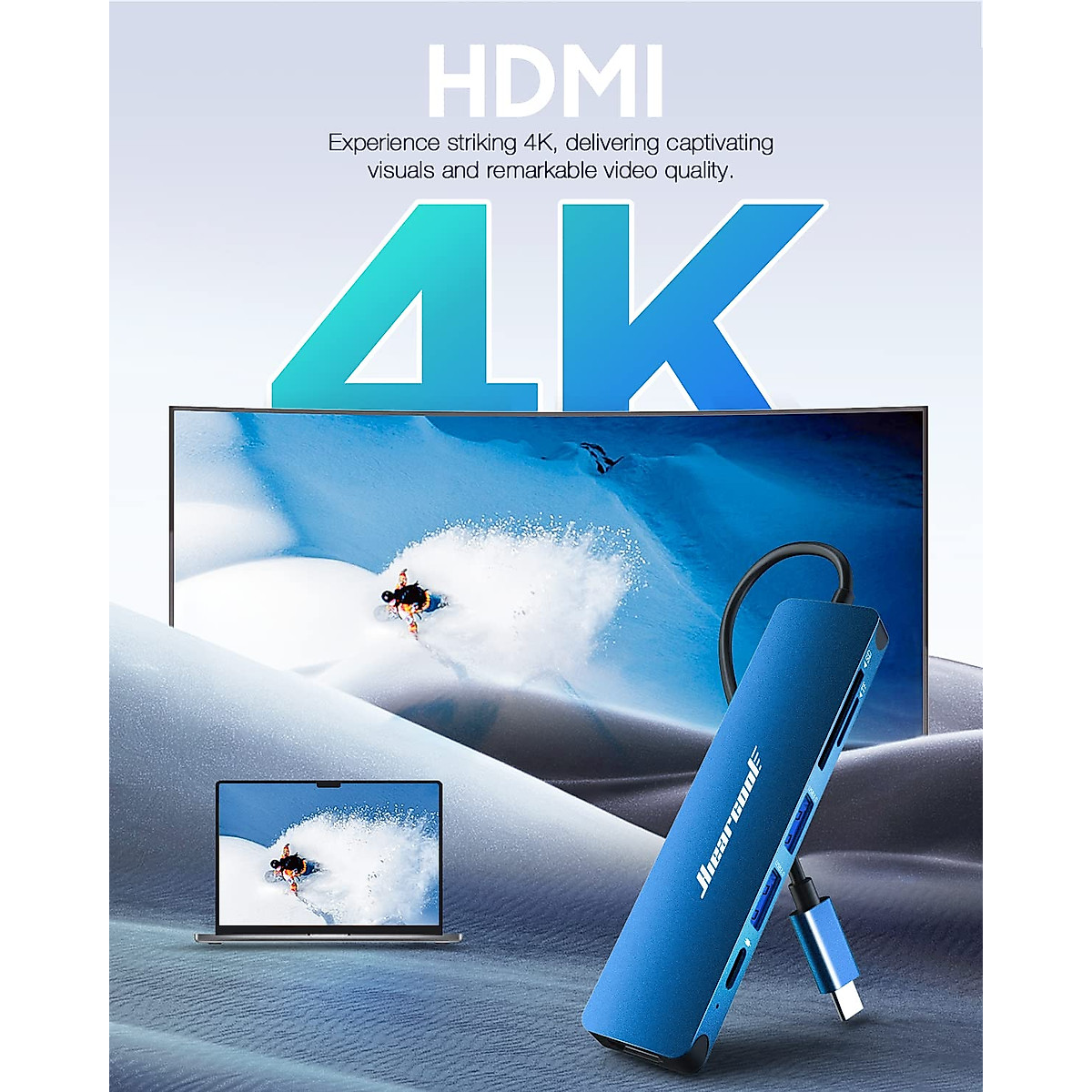 Hiearcool USB C Hub, MacBook Pro Adapter USB C Dongle, 7 in 1 USB C to HDMI Multi-port Adapter Compatible for USB C Laptops Nintendo and Other Type C Devices (Midnight Blue+Rose Gold)