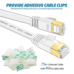 XINCA Cat 7 Flat Ethernet Cable 75ft White, High Speed 10GB Shielded (STP) LAN Internet Network Cable Ethernet Patch Computer Cable with Rj45 Connectors and 40pcs Adhesive Cable Clips