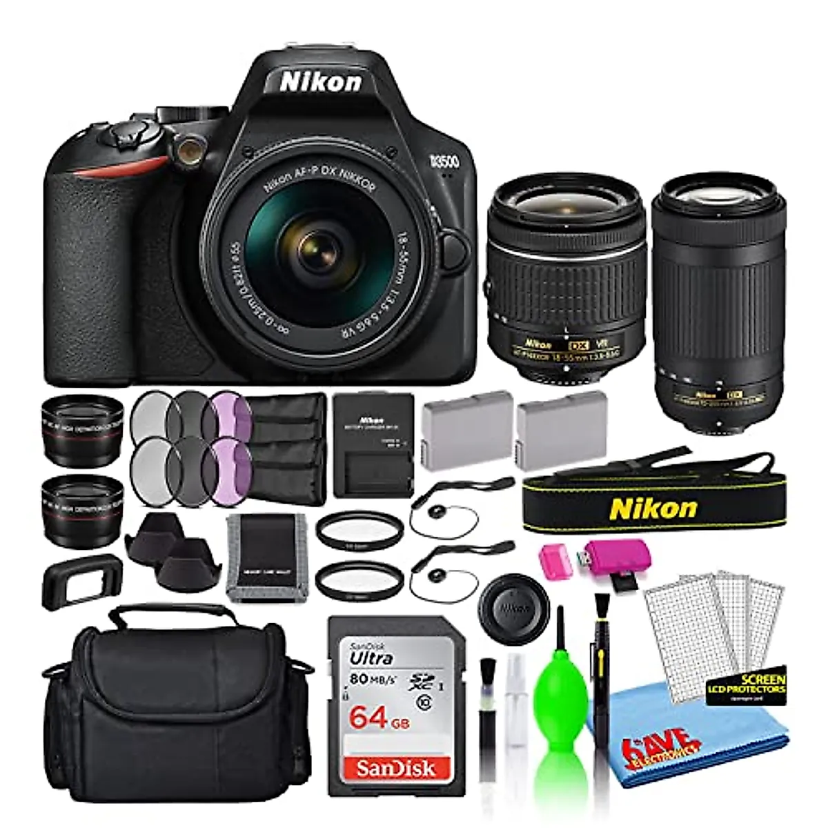 Nikon D3500 24.2MP DSLR Digital Camera with 18-55mm and 70-300mm Lenses (1588) Deluxe Bundle with 64GB SD Card + Large Camera Bag + Filter Kit + Spare Battery + Telephoto Lens (Renewed)