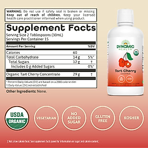 Dynamic Health Organic Tart Cherry Juice, Unsweetened 100% Juice Concentrate, Antioxidants Supplement, No Sweeteners or Additives, Vegan, Gluten Free, BPA Free, 32 oz