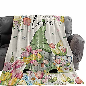 Flannel Fleece Throw Blanket,Easter Gnome Spring Pink Tulip Floral Mother's Day Lightweight Soft Warm Throws,Dwarf Flower Plant Cozy Plush Blankets for Bed Couch Car Office Decor All Seasons 40x50In