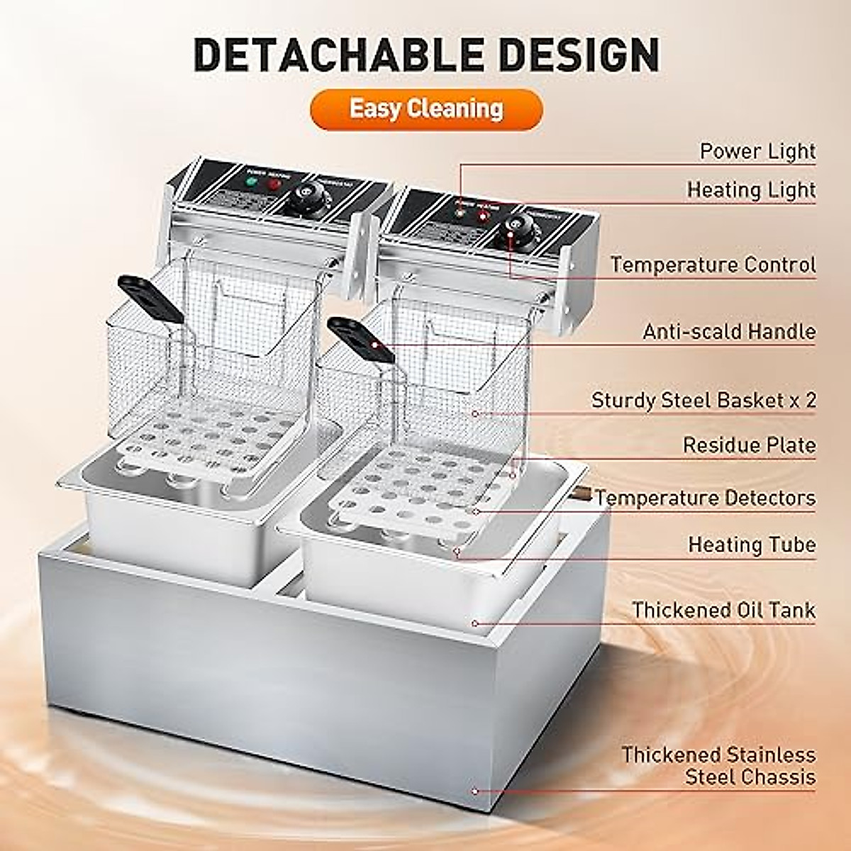 Rengue Commercial Deep Fryer 10.57QT x 2 Large Electric Deep Fryer with 2 Baskets and 2 Lids Countertop Fryer with Constant Temperature Control System for Restaurant and Home Use 3400W