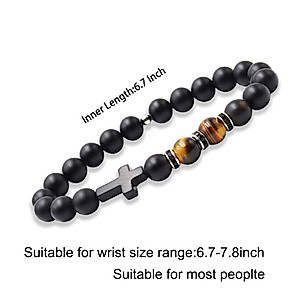 Byson Fashion Religion Cross Men Women 8mm Natural Stone Tiger Eye & Black Matte Agate Beads Bracelet Elastic Bracelet Bangle