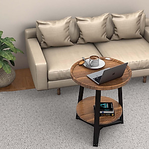 texinpress Round End Table with Storage Shelf, 2 Tier Round Side Table Nightstand for Living Room, Bedroom, Wood Tabletop and Black Metal Frame (19.7 * 19.7 * 21.7 inches)