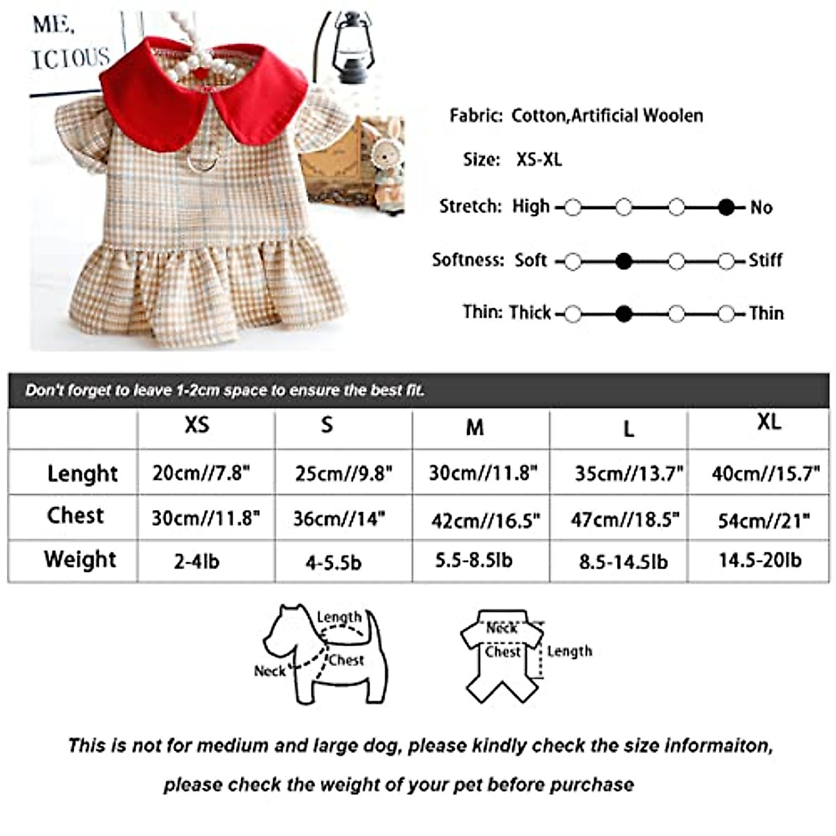 Loyalfurry Winter Dog Shirt Dress with Cute Red Doll Collar, Elegant Warm Dog Sweater Dresses with D Ring, Plaid Puppy Pet Clothes for Small Breeds (Medium, Light Brown)