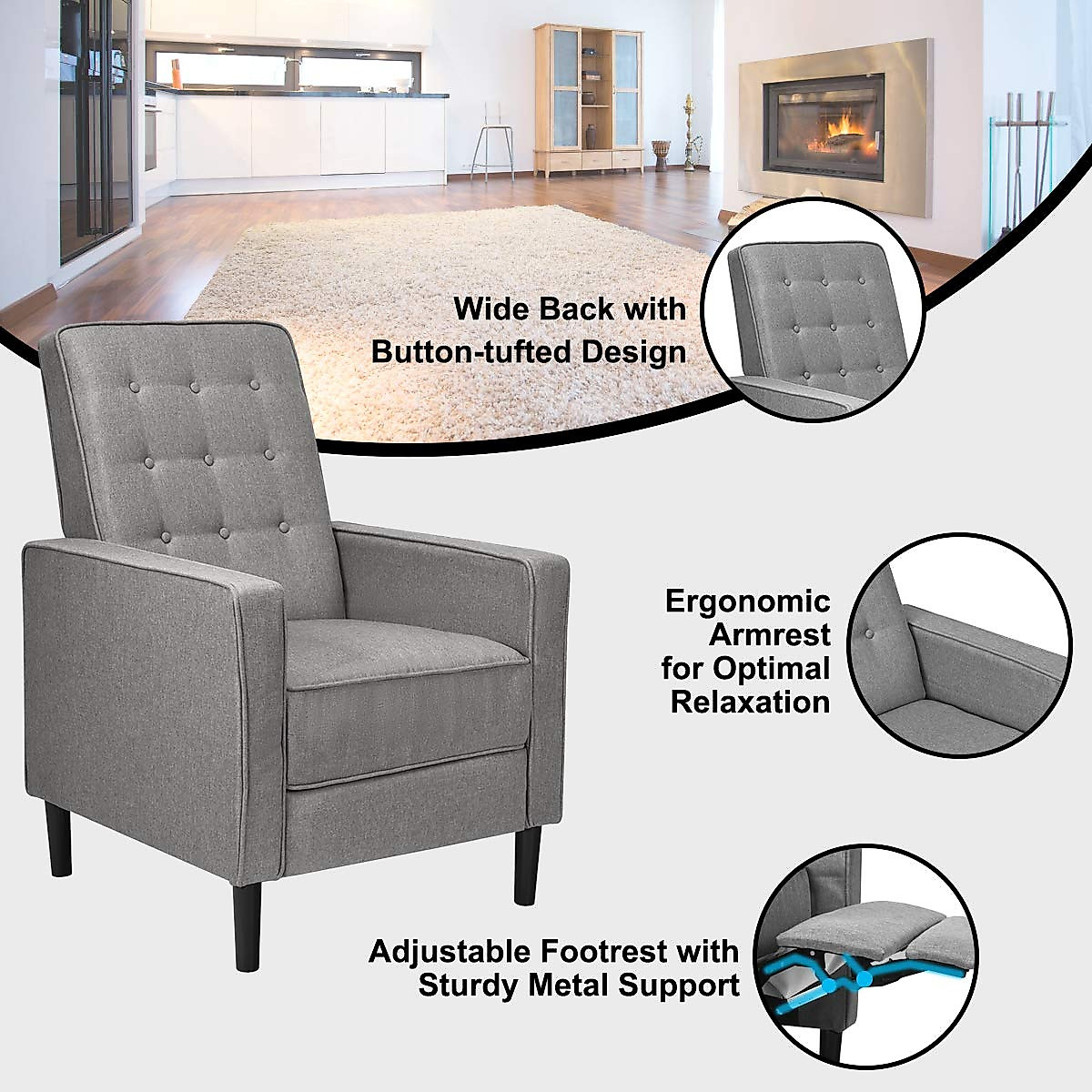 Giantex Push Back Recliner Chair, Modern Fabric Recliner w/Button-Tufted Back, Accent Arm Chair for Living Room, Bedroom, Home Office(Grey)