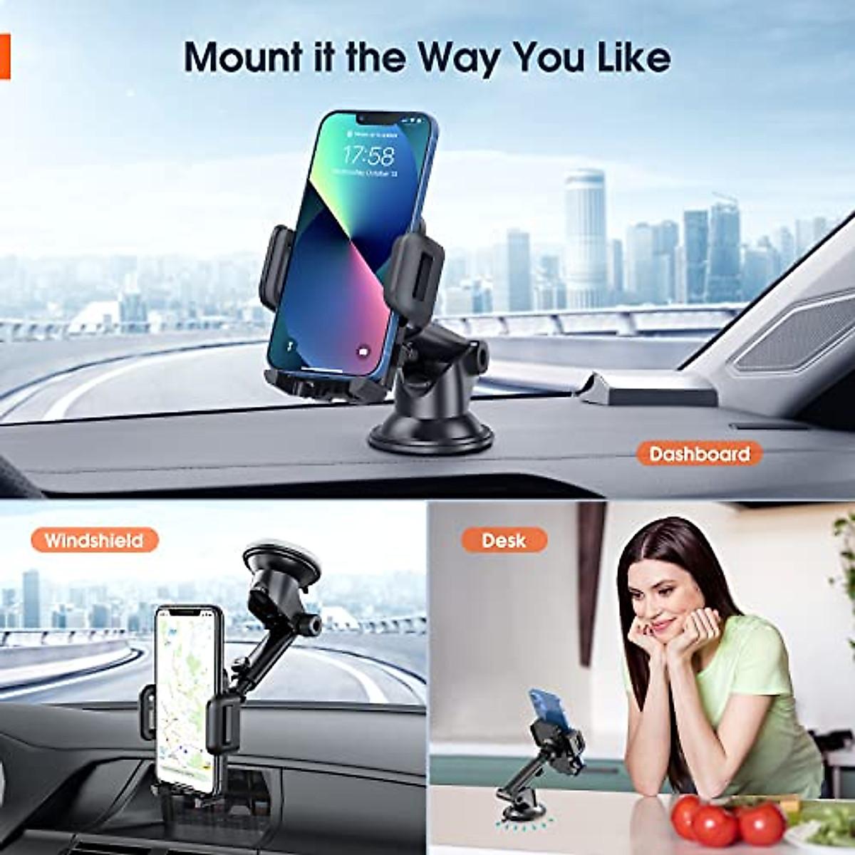 WMRISE Car Cell Phone Holder Mount: Strong Suction Cup Dashboard Windshield Phone Holder, AdjustableTelescopic Arm Dash Phone Mount Compatible with iPhone, Samsung, Moto, Huawei, Nokia, LG and More